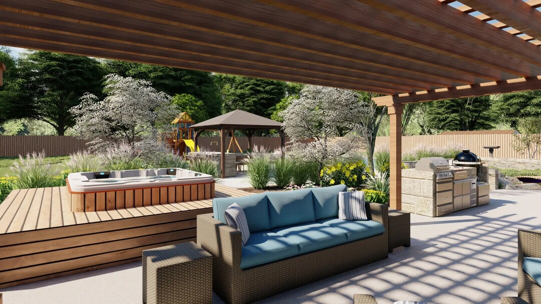 3D Backyard Design, Garden, Backyard, Terrace, 3d Realistic Rendering ...