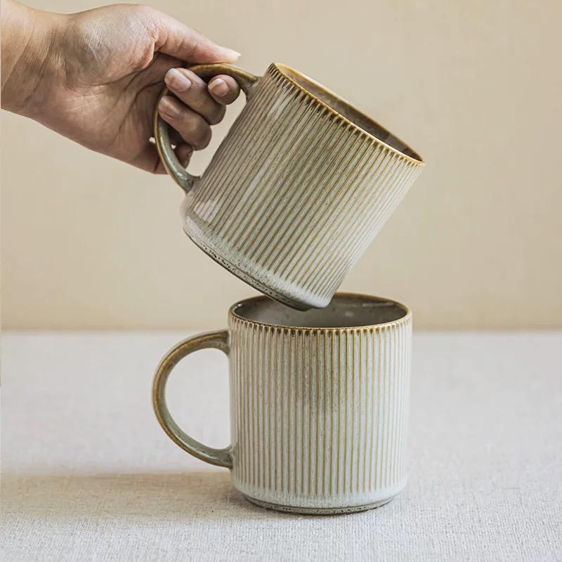 Vintage Relief Vertical Ribbed Ceramic Mug - Coffee & Milk Cup, Stylish ...