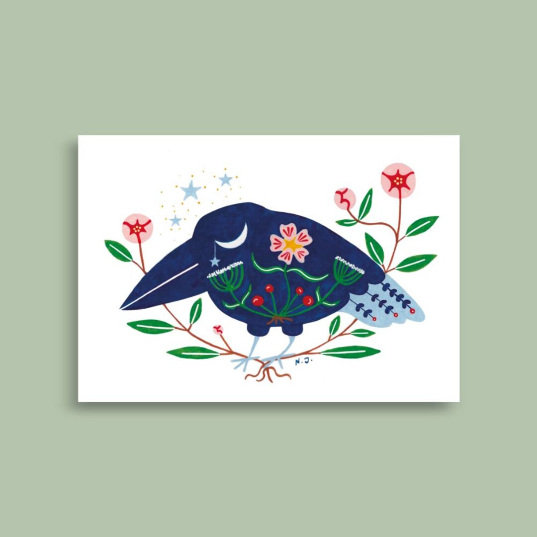 Botanical Crow Art Print Crow Print Whimsical Folk Art - Etsy