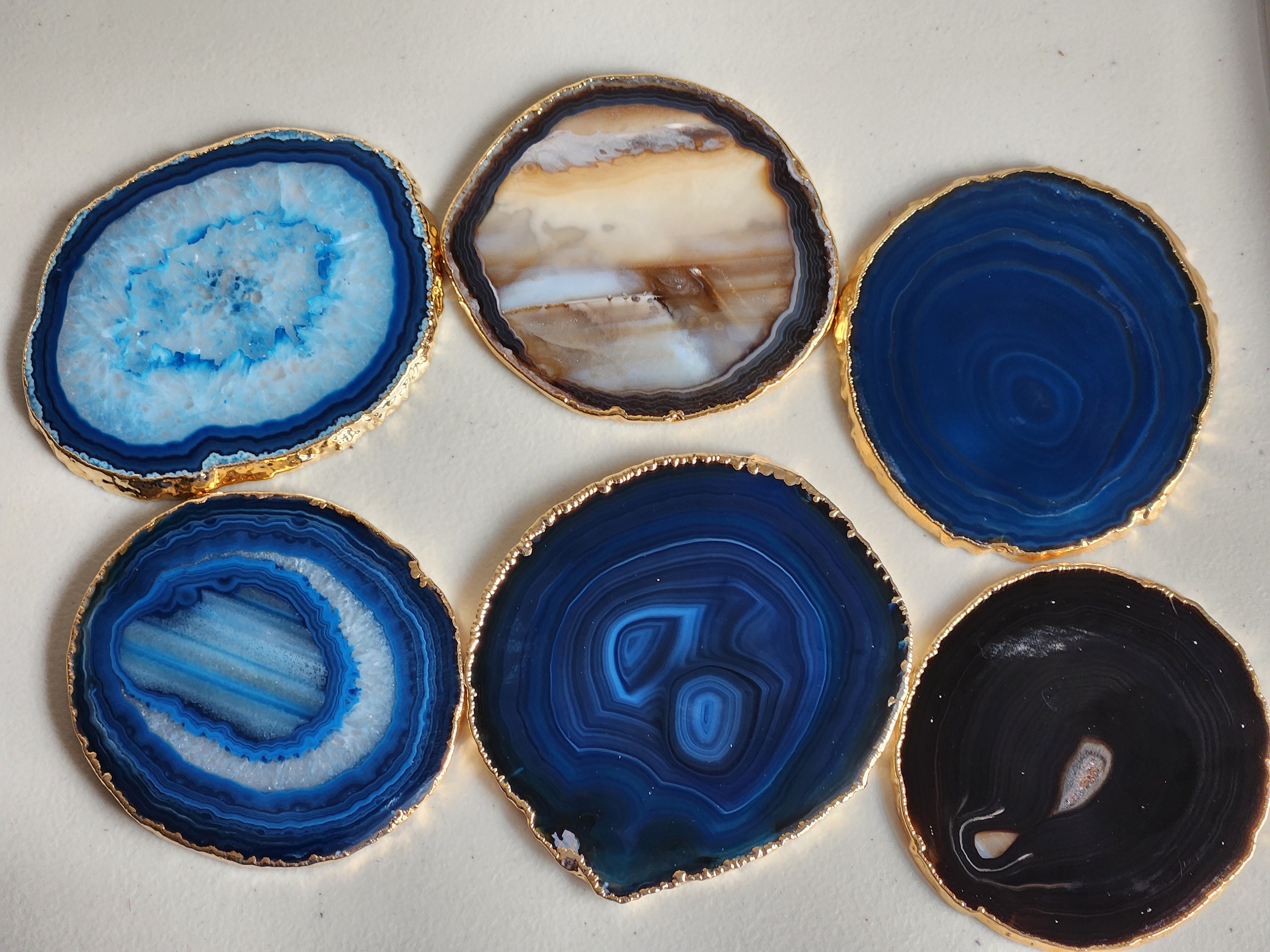 Natural Blue Agate Coaster: Gold Plated Gemstone Drinkware - Etsy
