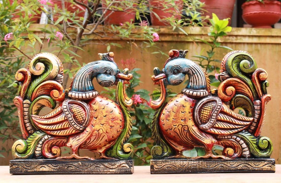 Bird Pair Statue Wall Hanging Panel Peacock Sculpture Wooden - Etsy