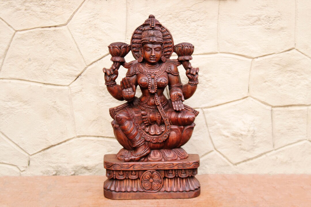 Lakshmi Statue Wooden Hindu Goddess Lekshmi Devi Sculpture Puja Pooja ...