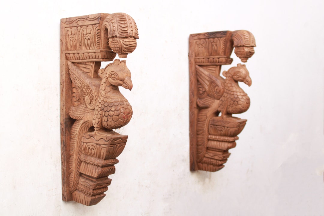 Wooden Wall Bracket Corbel Bird Pair Statue Unpainted Peacock Sculpture ...