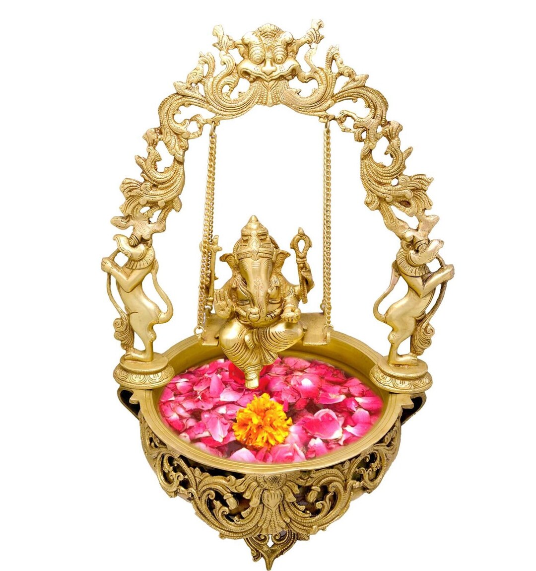 Jhoola Ganesh Flower Bowl Urli Swing Ganesha Prabhavali Big Brass ...