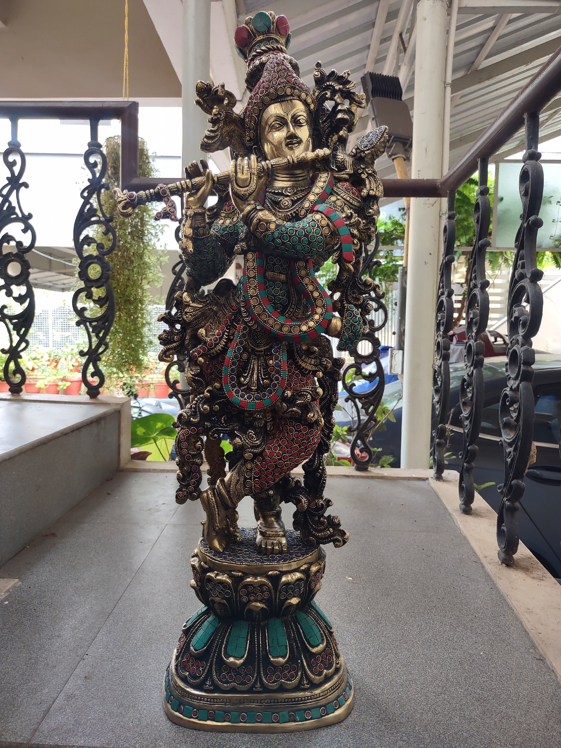 Krishna Statue Big Krishna Vigrah Stone Work Stone Inlaid Hindu Home ...