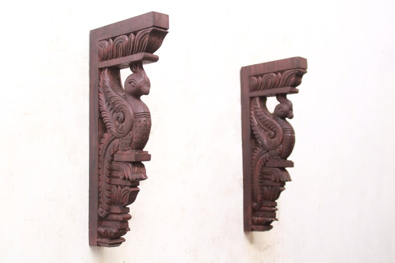Wooden Wall Bracket Bird Pair Statue Peacock Corbel Vintage Home Decor ...
