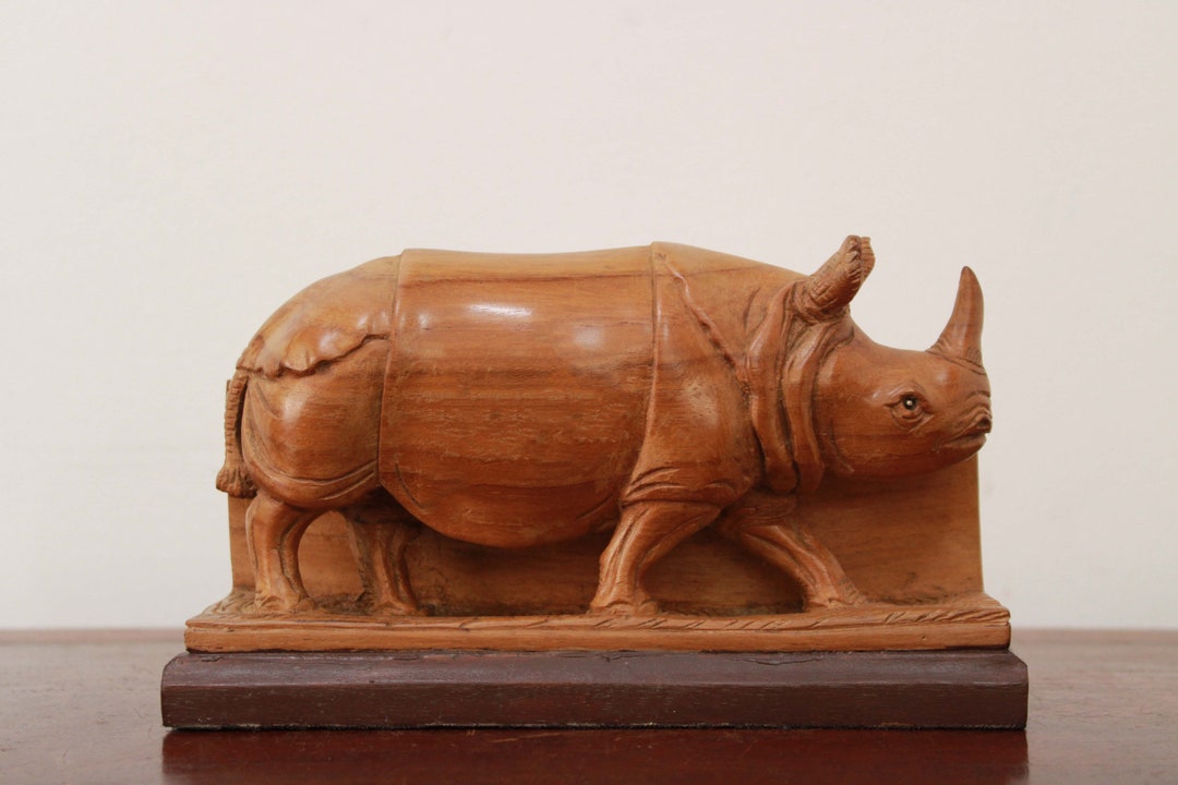 Rhino Statue Wooden Rhinoceros Sculpture Vintage / Antique Style Home ...