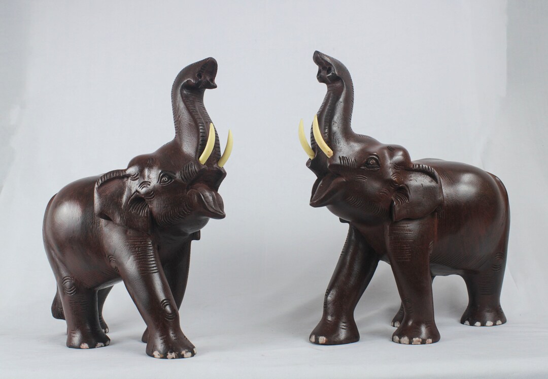 Trunk up Elephant Statue Pair Wooden Feng Shui Asian Indian Home Decor ...