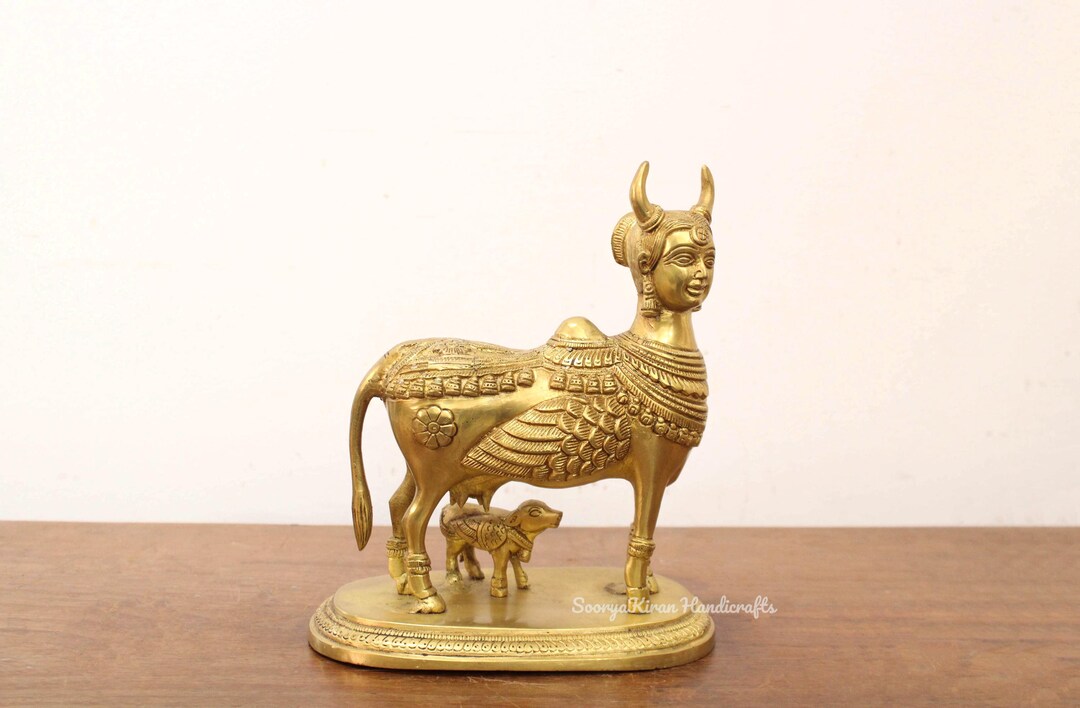 Kamadhenu Statue Gomata Divine Cow & Calf Sculpture Hindu Home Decor ...