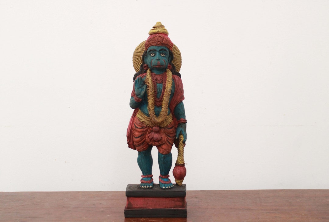 Hanuman Statue Antique / Vintage Look Hindu Home Decor Wooden Sculpture ...