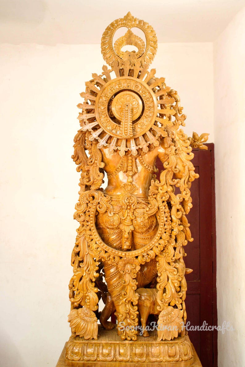 Krishna Statue Large Handmade Teakwood Sculpture Hindu Decor Big Deity ...