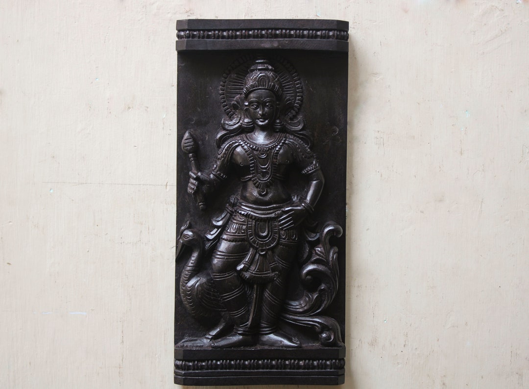Muruga Statue Kartikeya Wall Panel Wooden Murugan Sculpture Temple Carving Peacock Wall Hanging