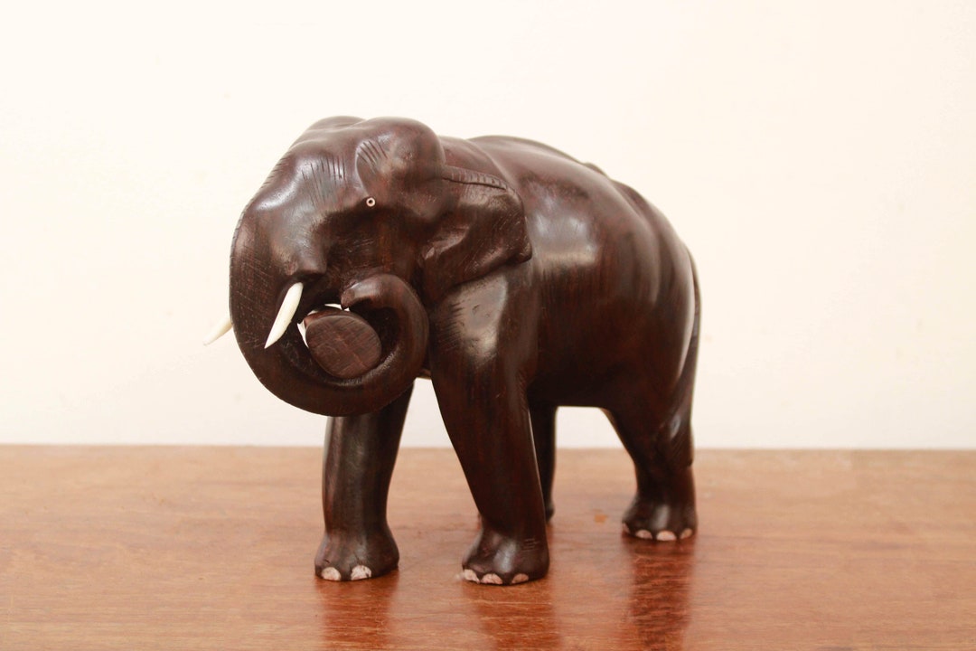 Wooden Elephant Statue Rosewood Hand Carved Sculpture Vintage ...