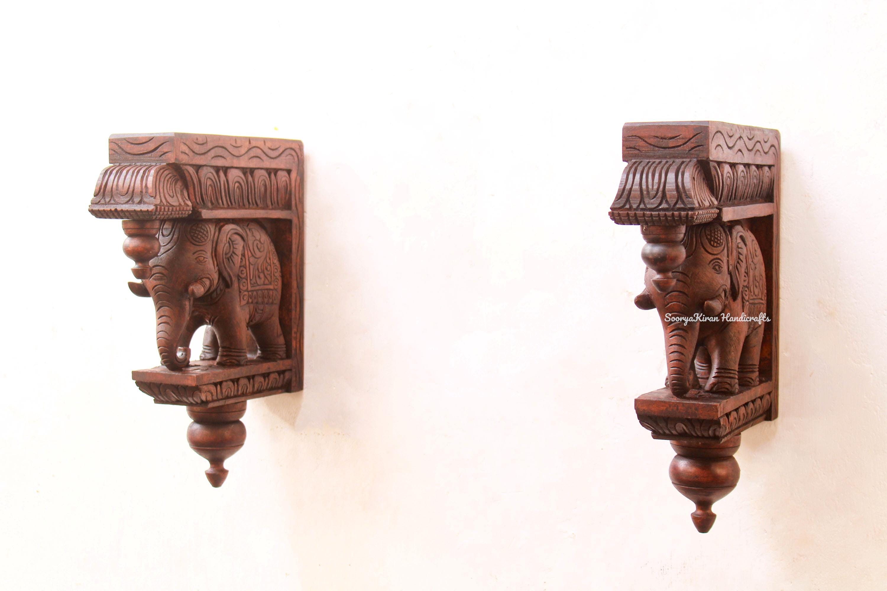Elephant Statue Wooden Wall Bracket Corbel Pair Plant / Lamp Hanger ...