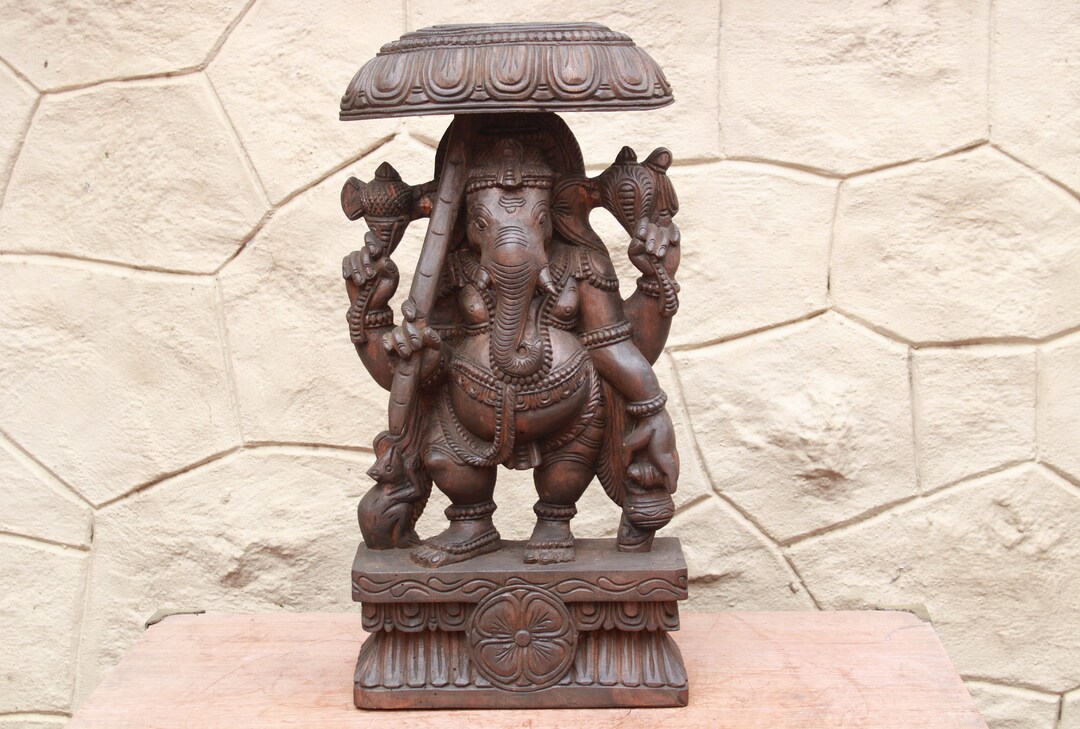 Ganesha Statue Wooden Hand Carved 2ft Hindu God Ganesha Vintage Home ...