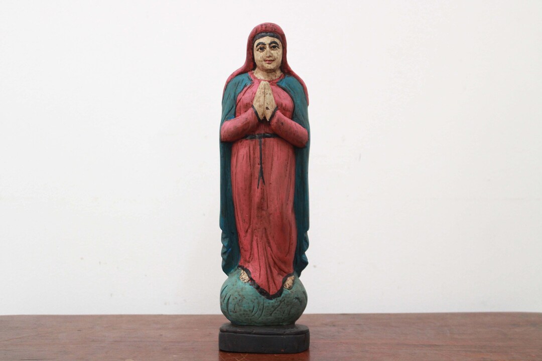 Vintage Mother Mary Statue Antique Wooden Sculpture Catholic Christian ...