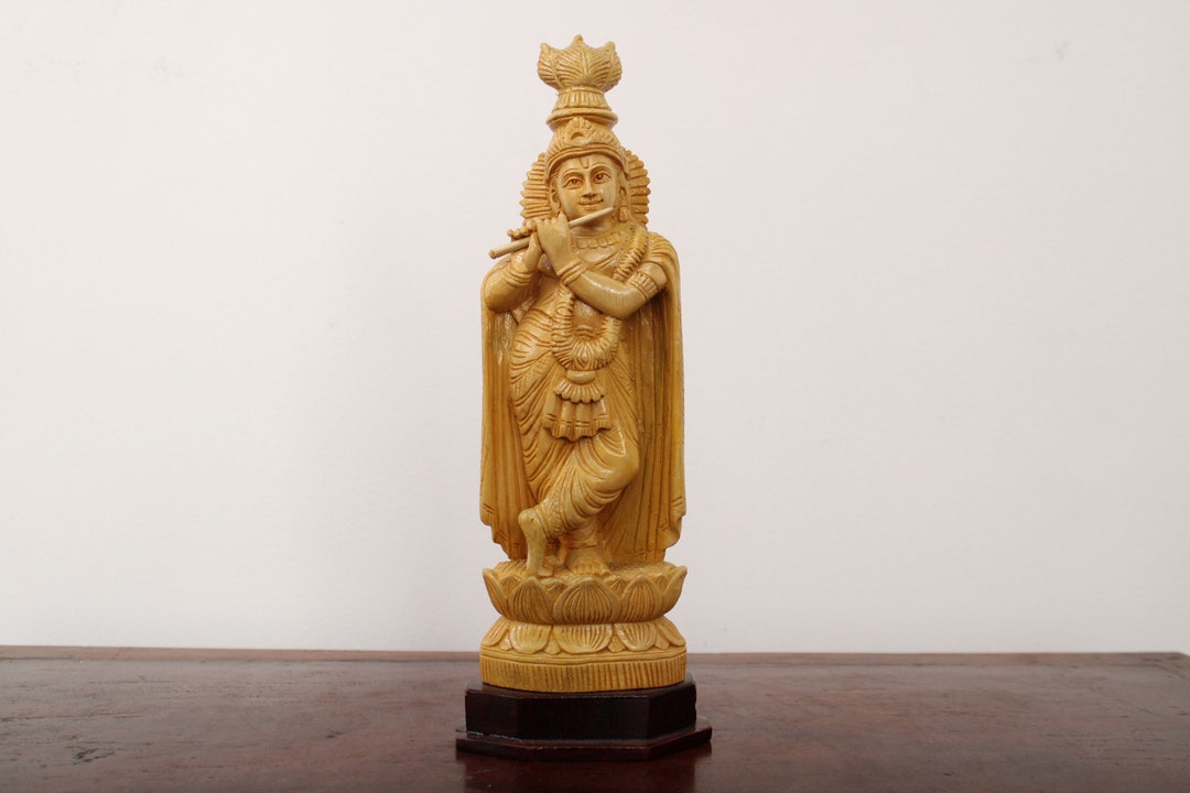 Sri Krishna Statue Wooden Hindu God Home Decor Living Room Sculpture ...