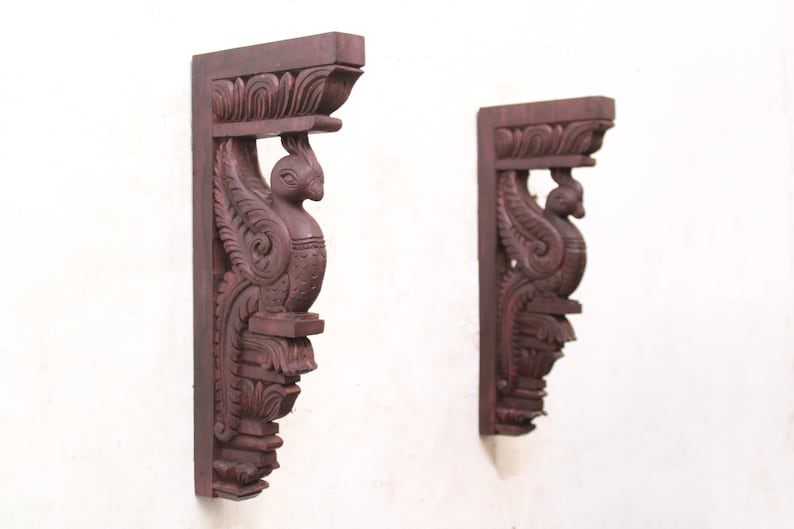 Wooden Wall Bracket Bird Pair Statue Peacock Corbel Vintage Home Decor ...
