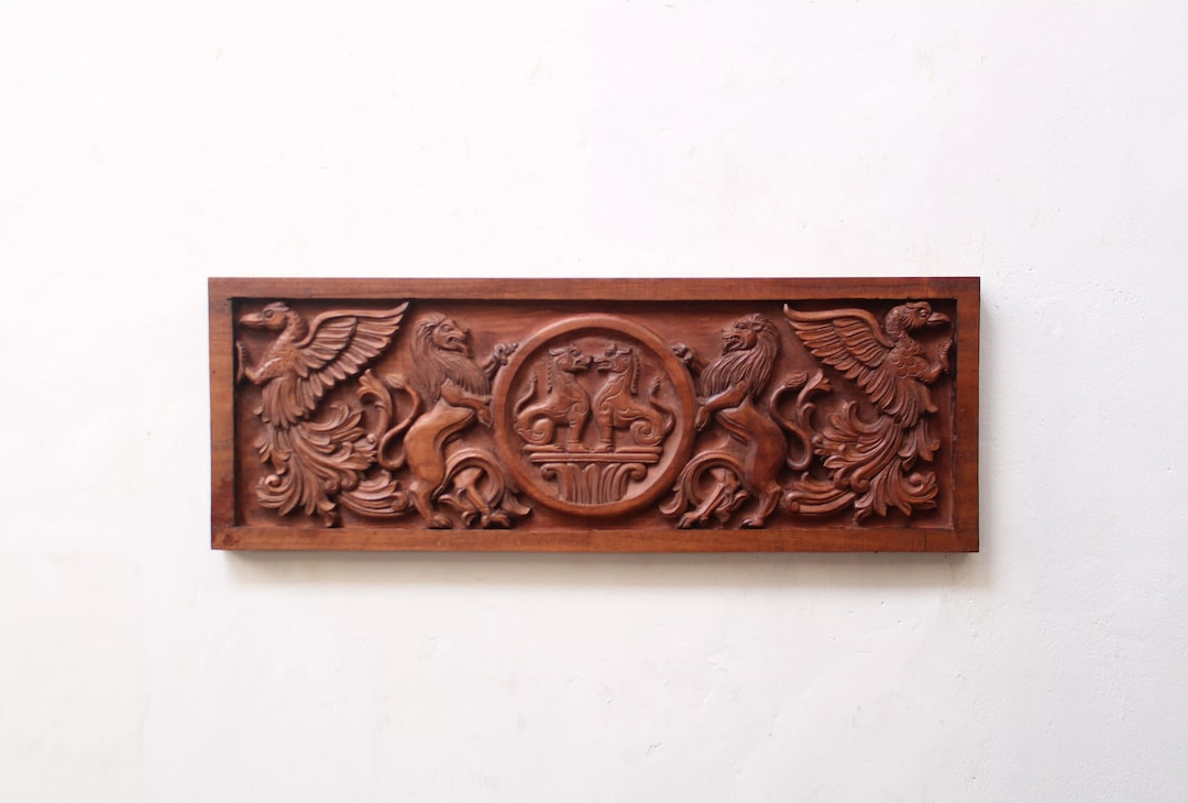 Guardian Lion Statue Yali Dragon Sculpture Wooden Wall Hanging Panel ...