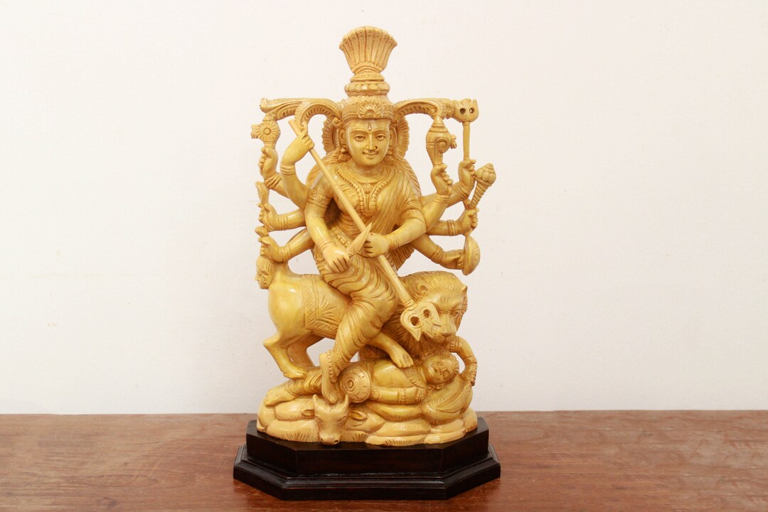Durga Statue Wooden Hindu Goddess Kali Sculpture Mahishasura Mardini ...