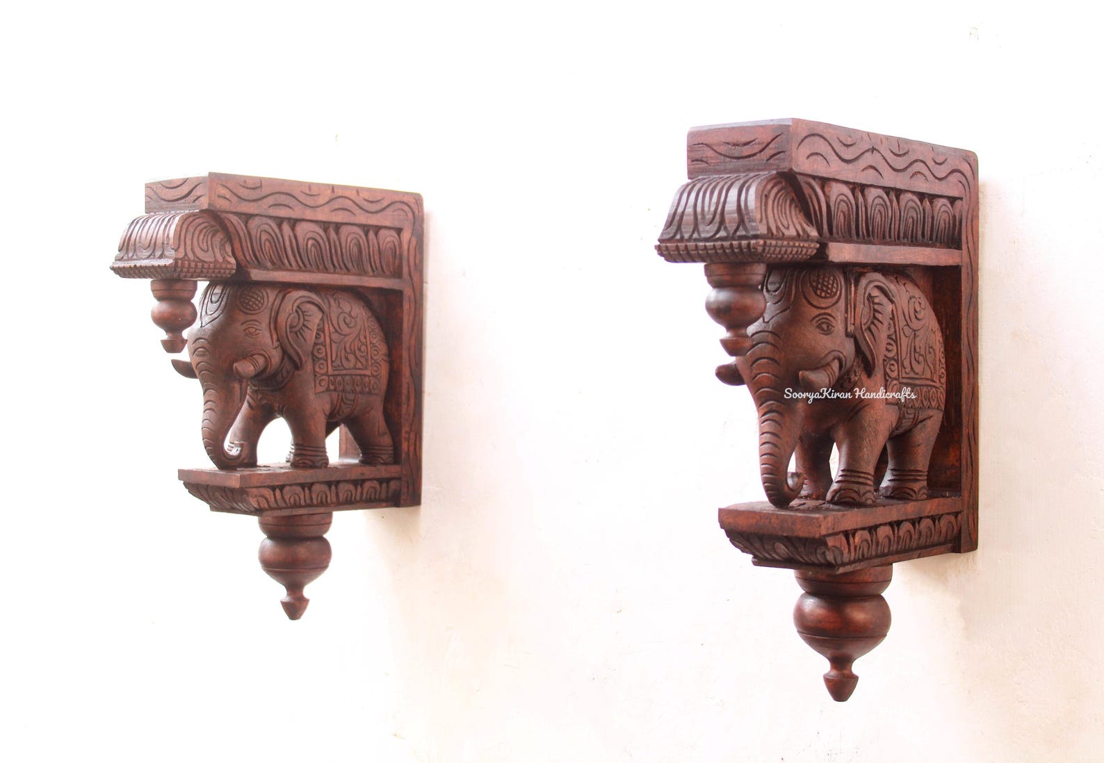 Elephant Statue Wooden Wall Bracket Corbel Pair Plant / Lamp Hanger ...
