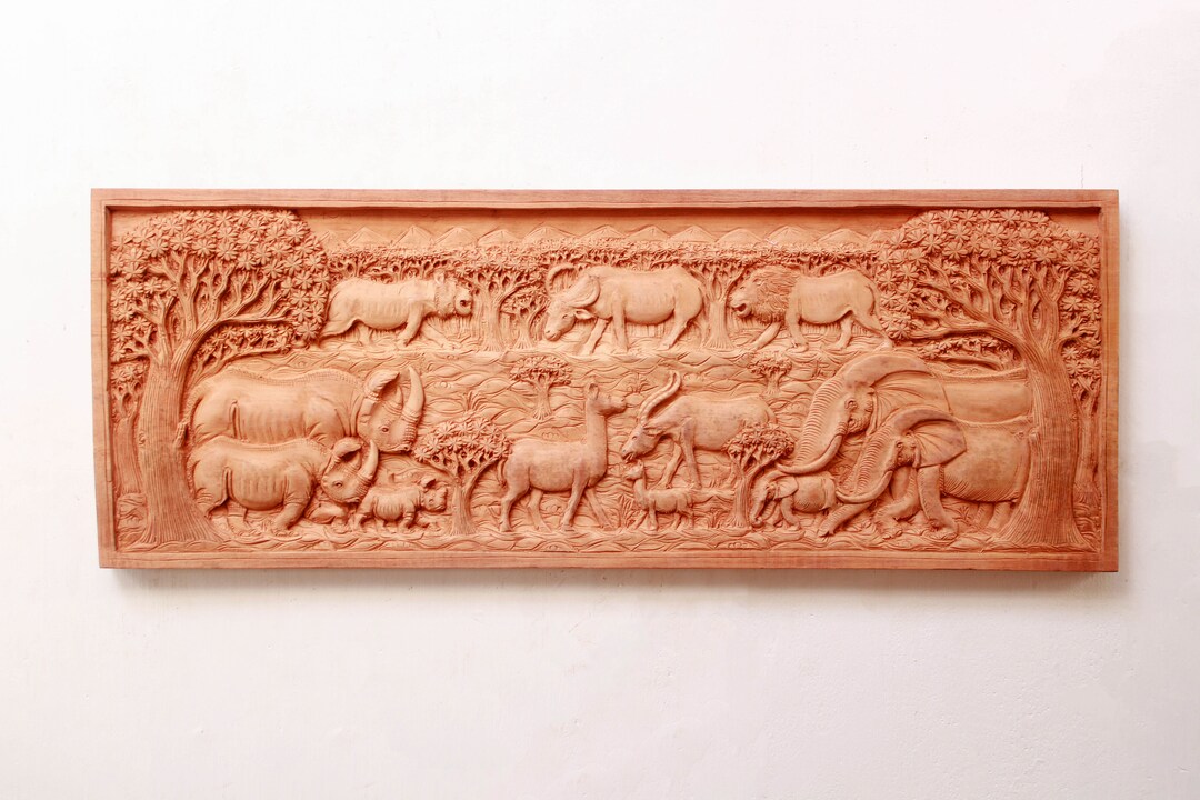 Wooden Wall Panel Wild Animal Carved Elephant Lion Rhino Bull Statue ...