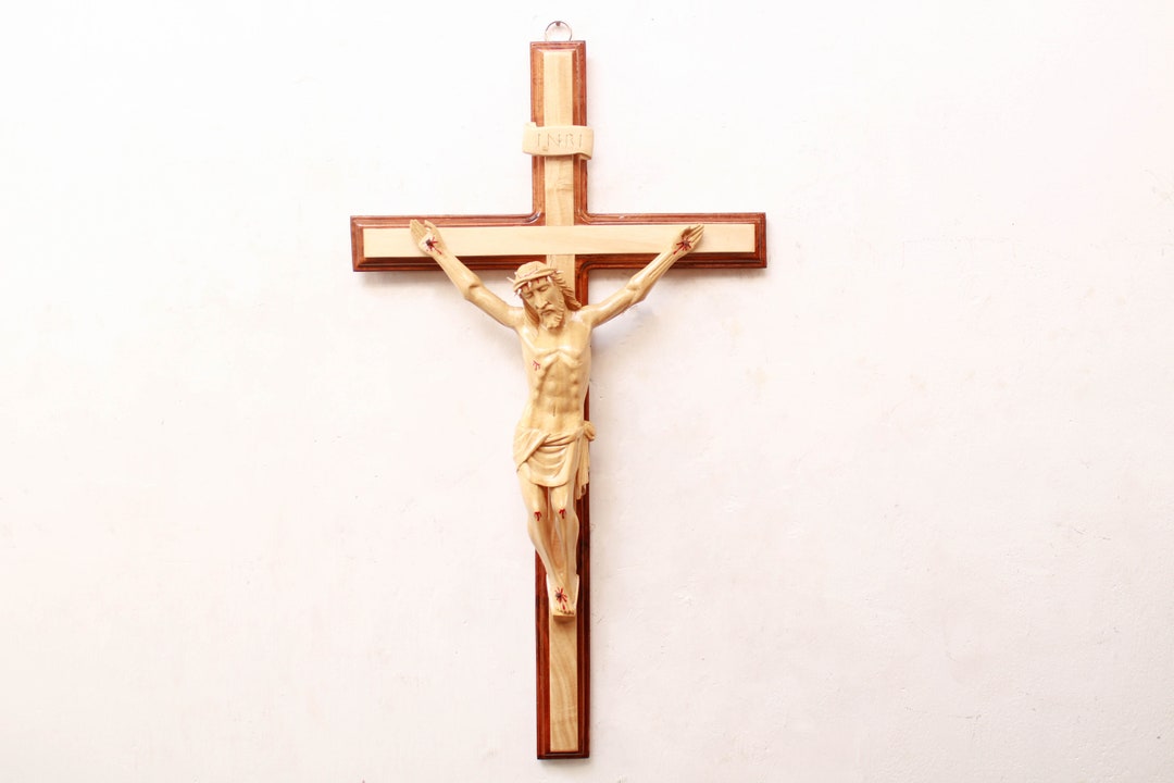 Jesus Statue Big Crucifix Holy Cross INRI Wooden Wall Hanging Sculpture ...