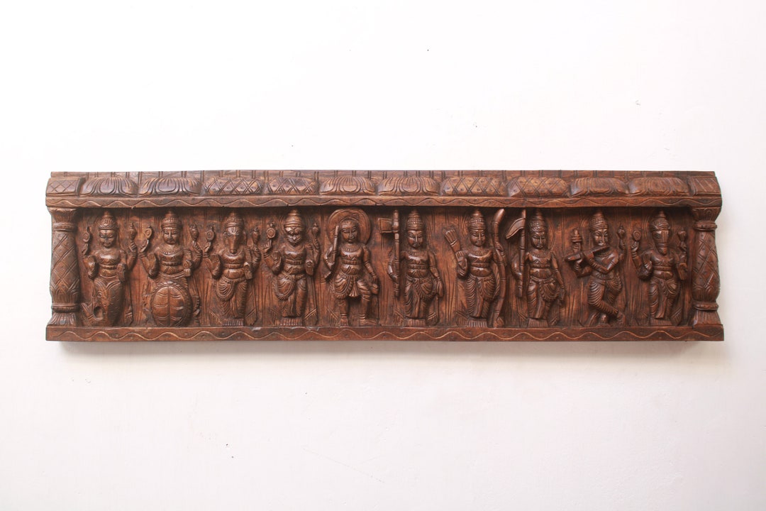 Dashavatar Statue Vishnu Ten Avatar Sculpture Wooden Horizontal Wall ...