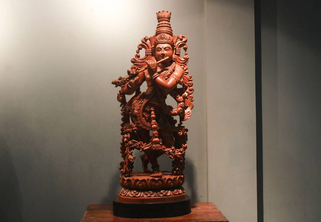 Krishna Statue Vigrah Big Wooden Sculpture Hindu God Home Decor Living ...