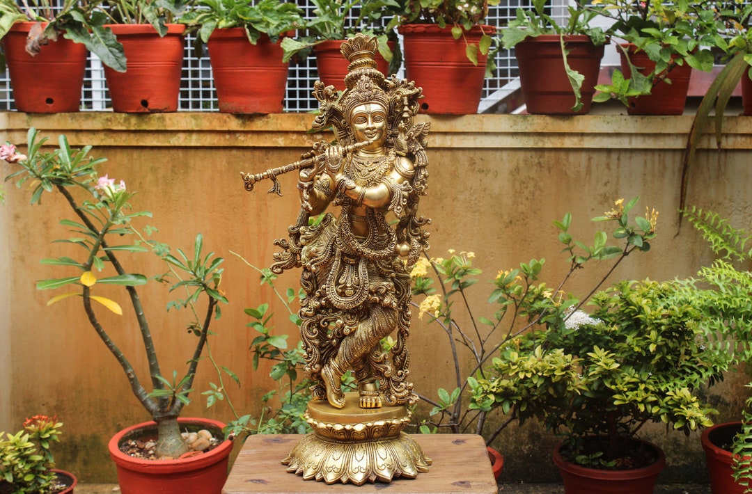 Krishna Statue Big Brass Krishna Sculpture Golden Hindu God Large ...