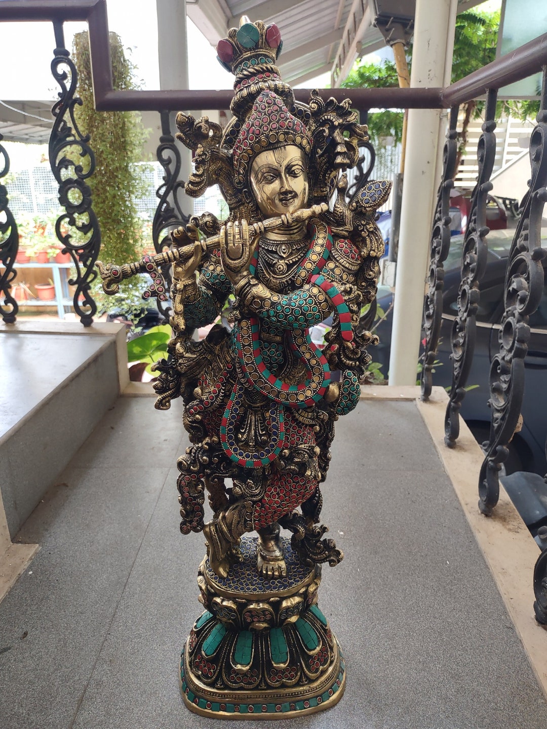 Krishna Statue Big Krishna Vigrah Stone Work Stone Inlaid Hindu Home ...