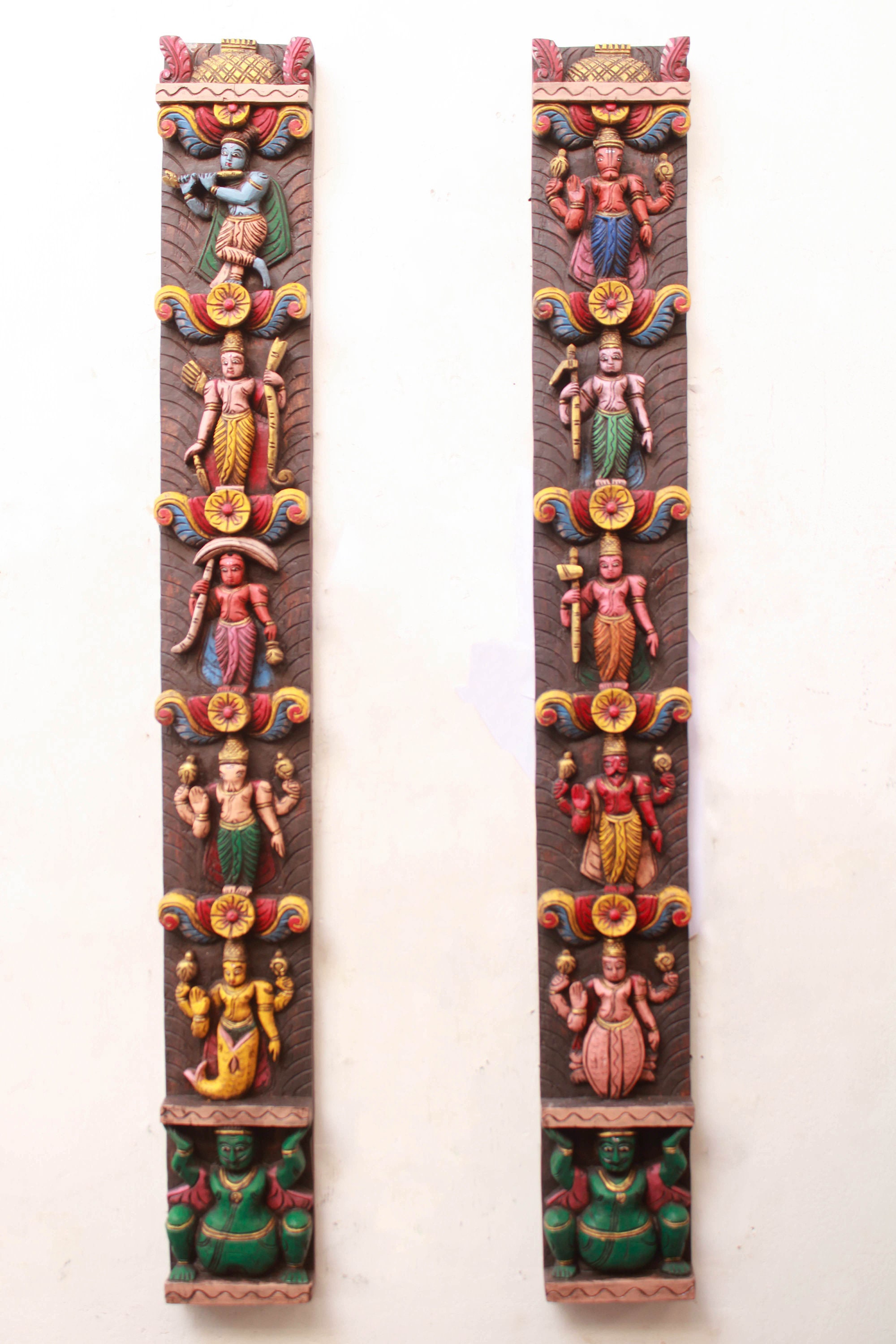 Dashavatara Statue Vishnu Ten Avatar Carving Vintage Hindu God Wooden ...