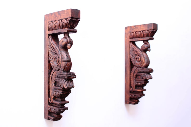 Wooden Wall Bracket Bird Statue Corbel Pair Peacock Carving Wall ...
