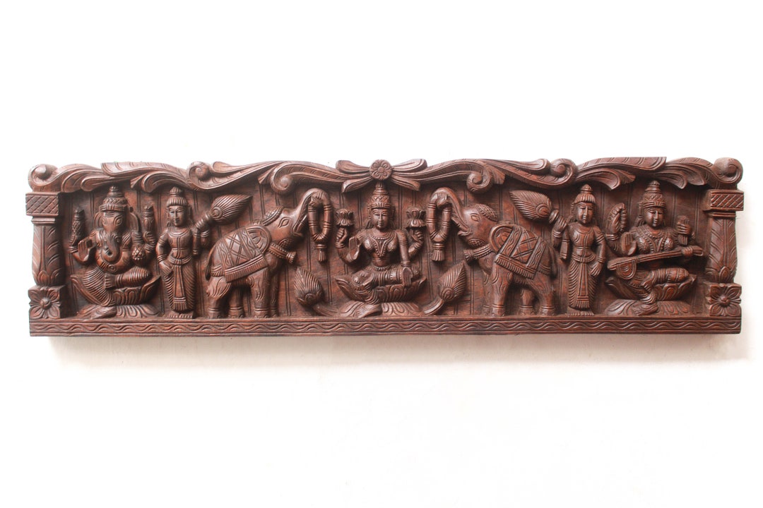 Ganesha Gaja Lakshmi Saraswathi Statue Wooden Wall Panel Lintel Hindu ...