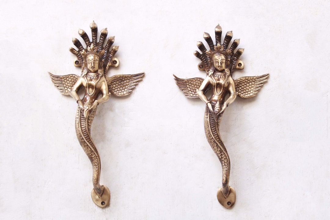 Door Handle Pair Brass Naga Kanya Statue Hindu Buddhist Jain Home Decor ...