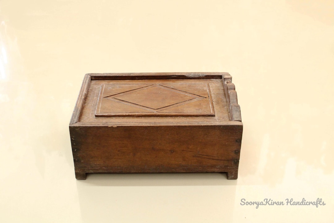 Antique Wooden Box With Sliding Lid Vintage Rare Collectibles ...