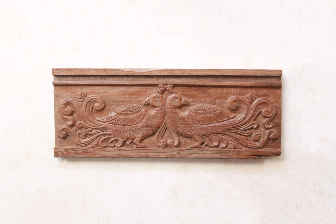 Antique Wall Panel Wooden Lintel Peacock Statue Bird Pair Sculpture ...