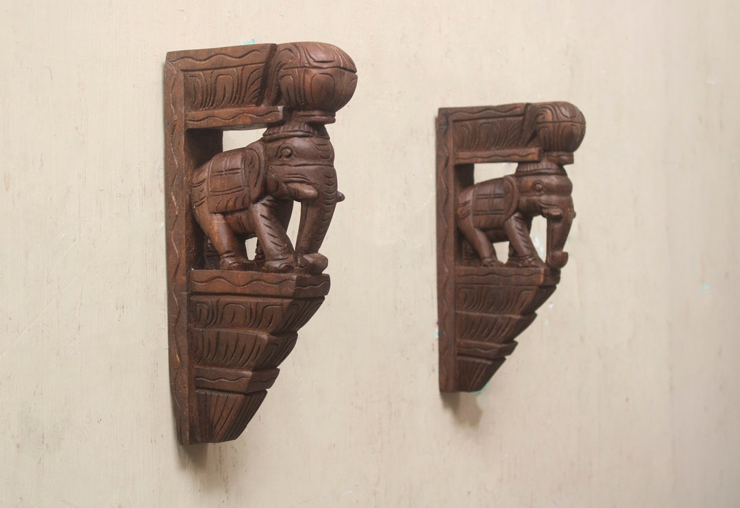 Elephant Statue Wall Bracket Wooden Corbel Pair Shelf Support Vintage ...