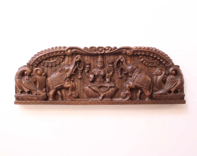 Lakshmi Devi Statue Wooden Wall Panel Lintel Gaja Lakshmi Sculpture ...