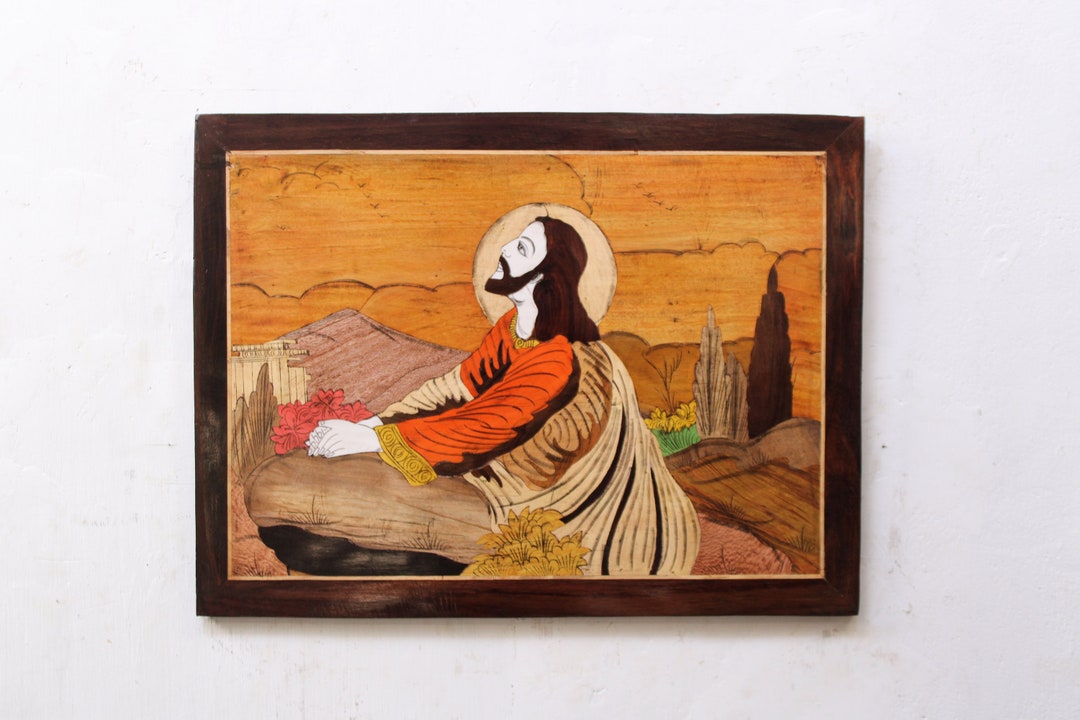 Jesus Painting Wood Inlay Panel Vintage Look Christian Home Decor ...