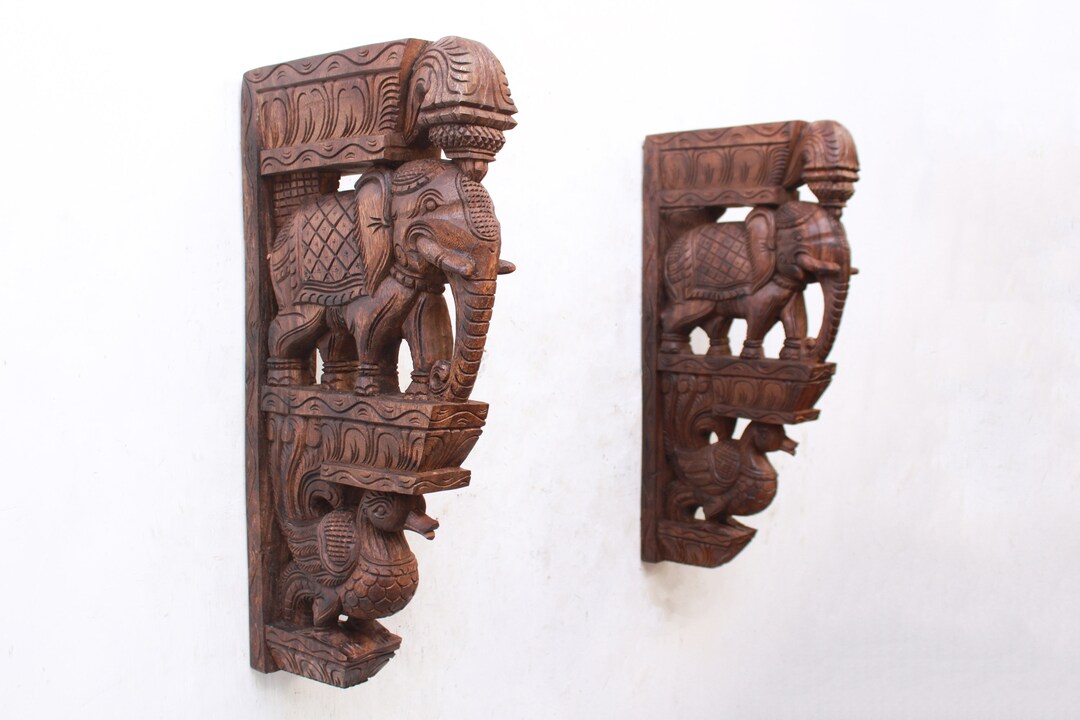 Wooden Elephant Wall Bracket Pair: Vintage Temple Decor (24 In) - Etsy