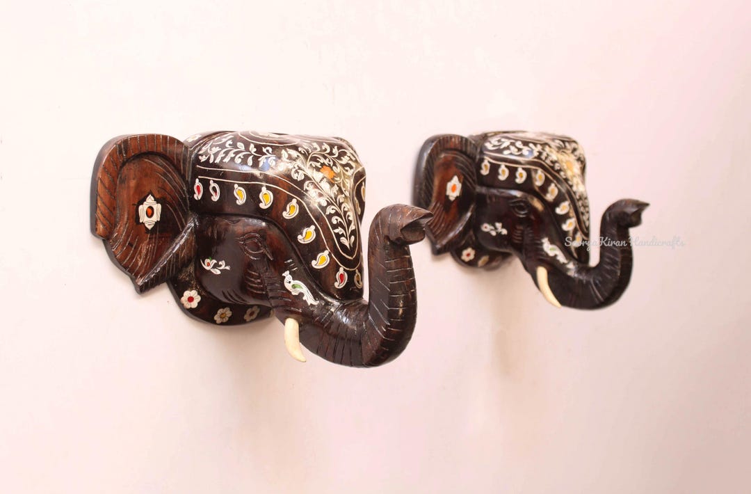 Wall Decor Statue Wooden Trunk up Elephant Head Wall Hanging Sculpture ...