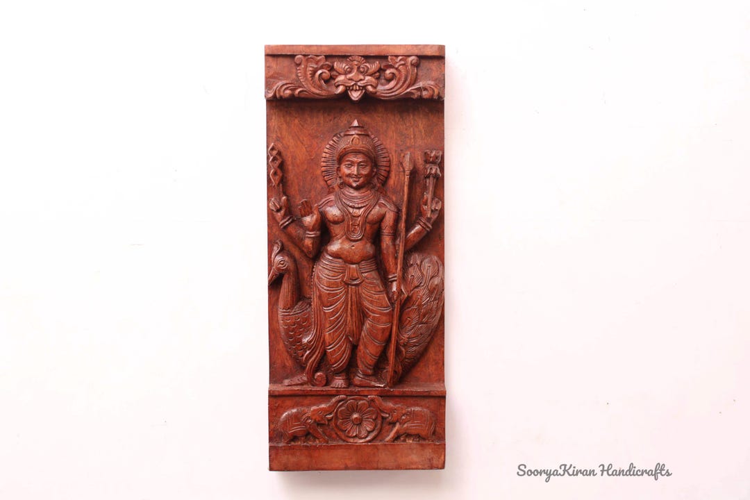 Kartikeya Statue Muruga Peacock Wooden Sculpture Hindu God Hand Carved ...