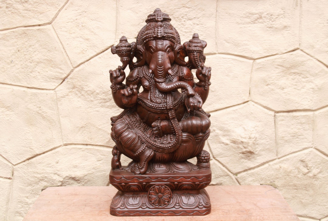 Ganesha Statue 2ft Wooden Hand Carved Sculpture Hindu God Ganesh Idol ...