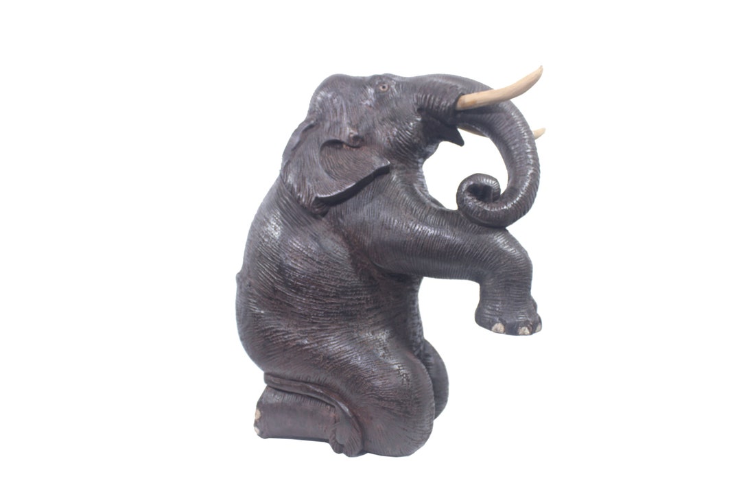 Sitting Elephant Statue Wooden Animal Sculpture Vintage / Antique Look ...