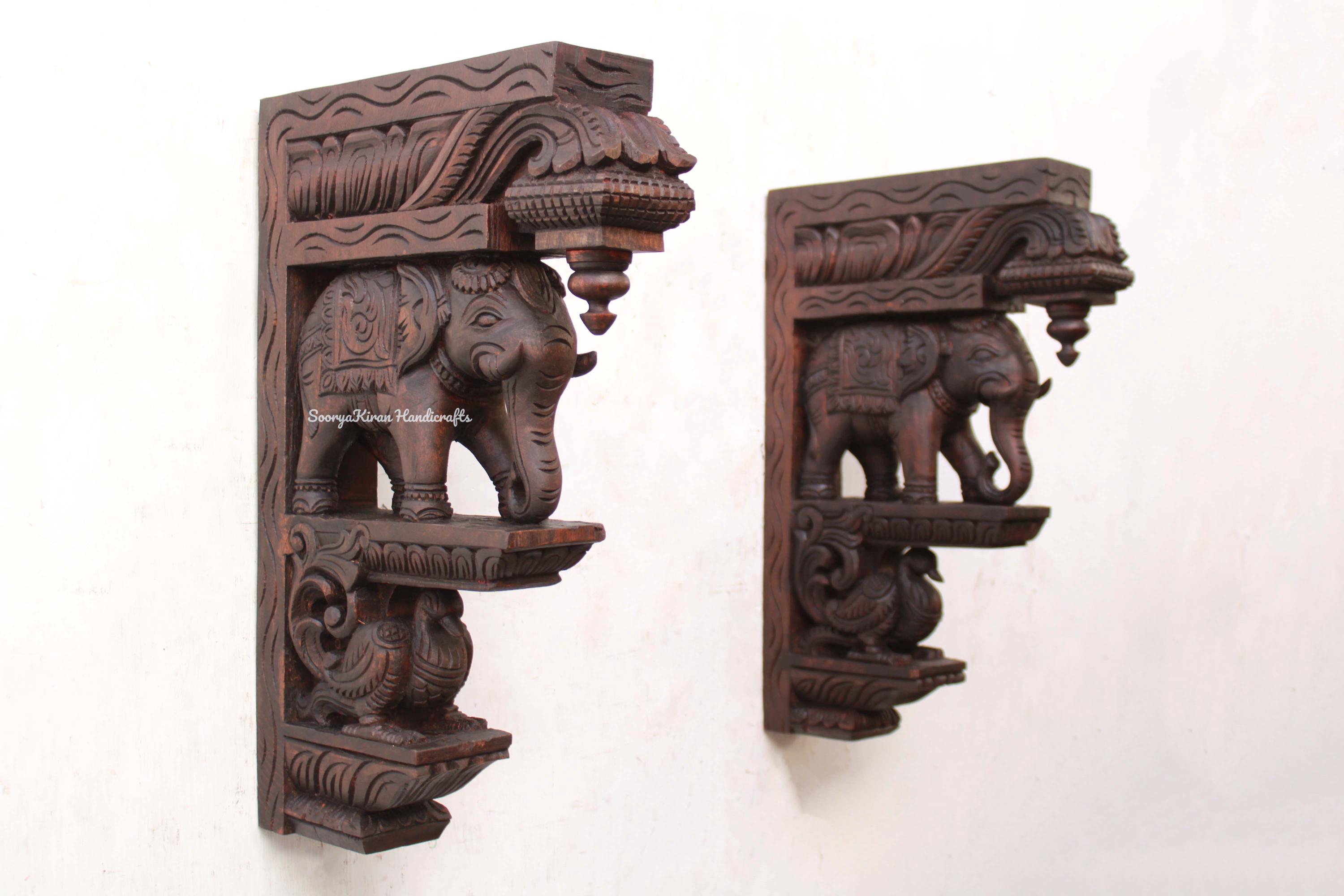 Elephant Statue Wooden Wall Bracket Corbel Pair Asian / Indian Elephant ...