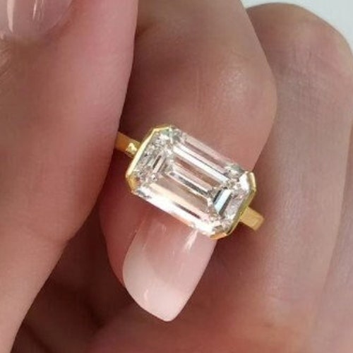 Emerald Cut Bezel Set Engagement Ring / Solitaire Accent Ring - Etsy