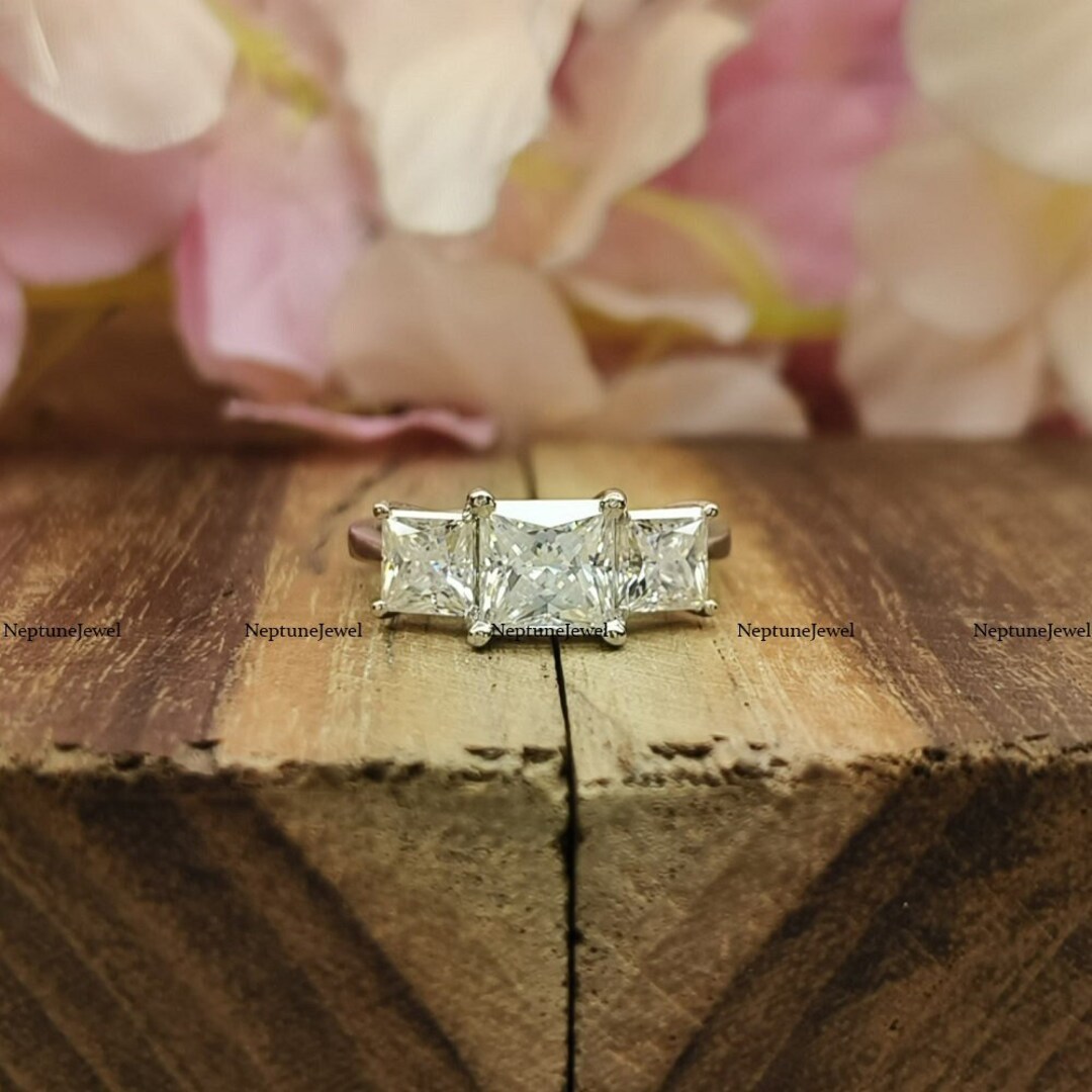 3 Stone Princess Cut Moissanite Solitaire Wedding Ring in 14K White ...