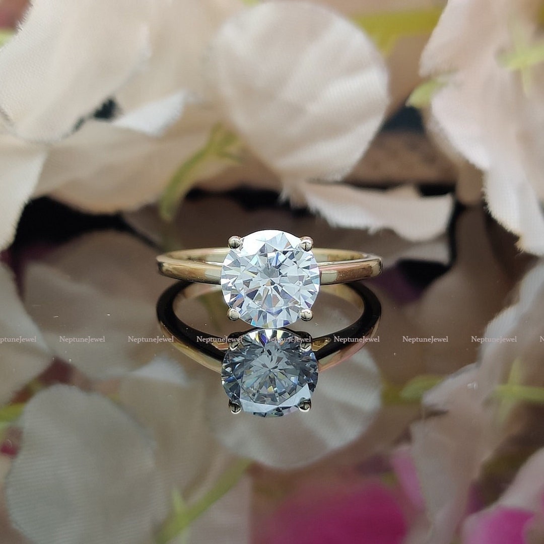 14K Solid Yellow Gold 4 Prong Round Brilliant Cut Lab Diamond Solitaire ...