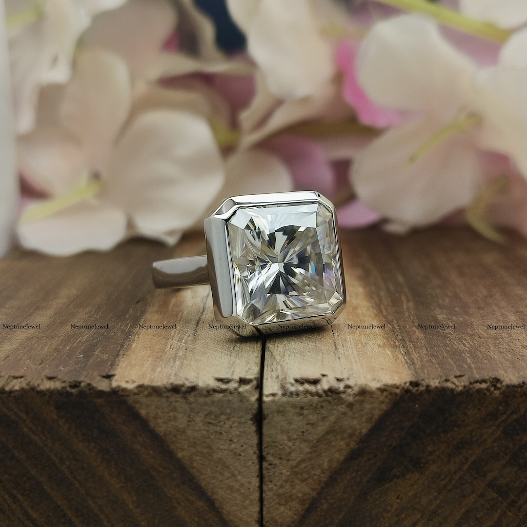 7CT Customized Square Radiant Cut Moissanite Bezel Ring / 14K Solid ...